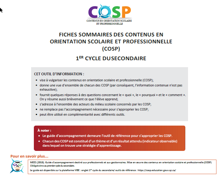 Fiches sommaires des COSP – 1er cycle du secondaire